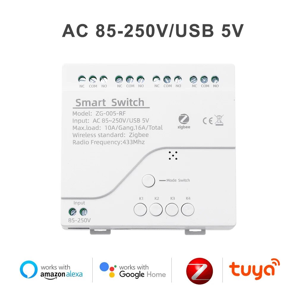 SZKOSTON Умный коммутационный модуль Tuya Zigbee 4 каналов, 4CH RF433