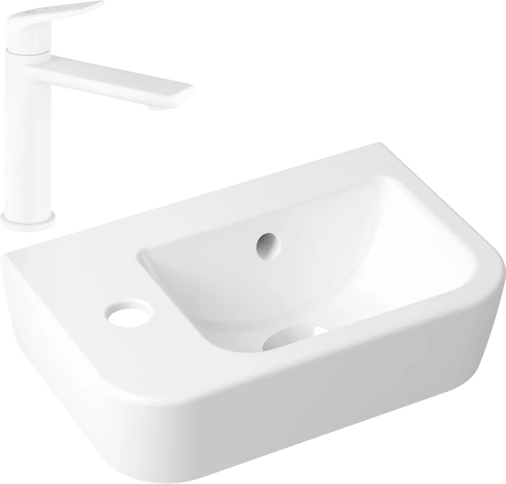 Комплект 2 в 1 Раковина маленькая Lavinia Boho One 33310001L 37 глянцевая белая / Смеситель Wellsee ICON! for life 182305000, матовый белый