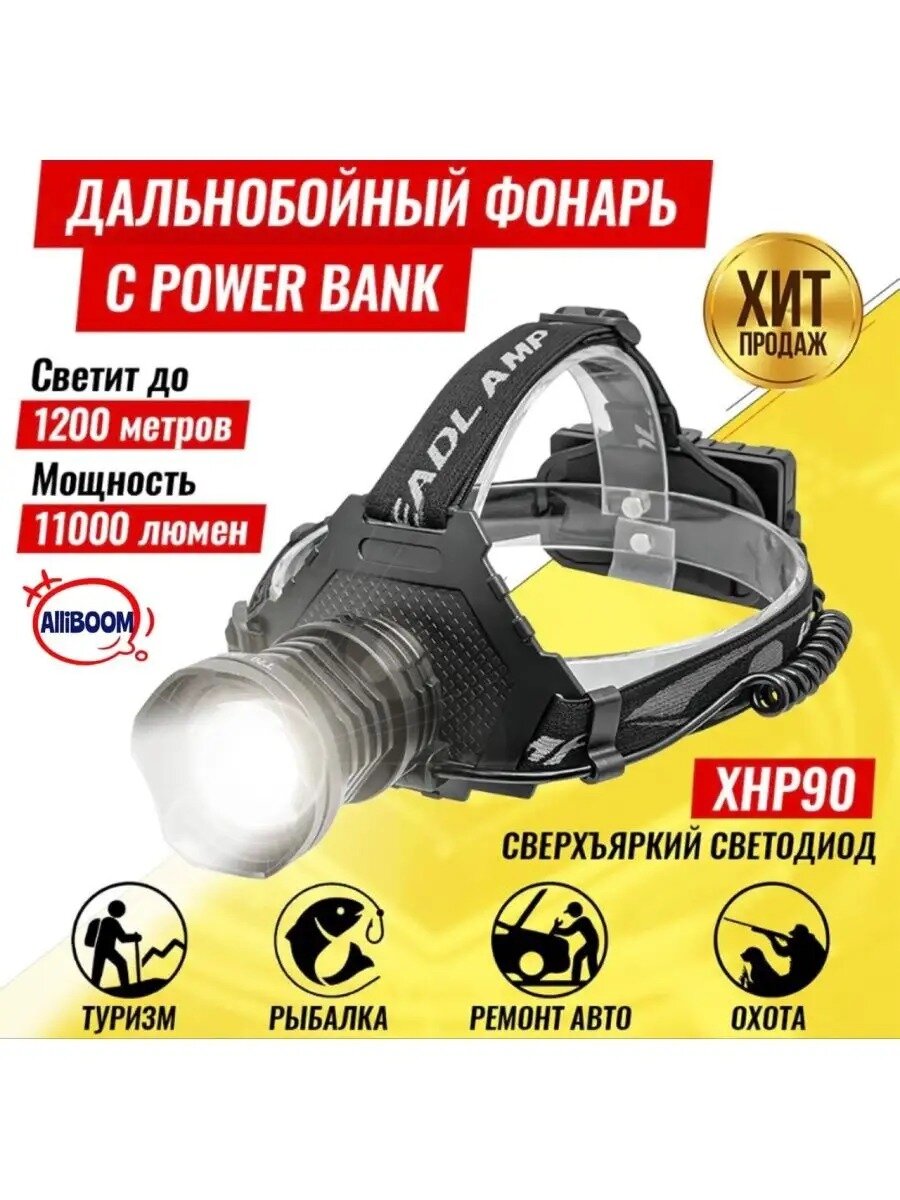 Налобный головной фонарь для рыбалки . Светодиодный фонарь налобный. Светодиод P90