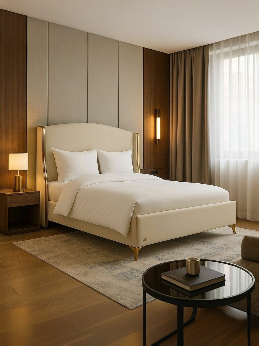 Односпальная кровать NOTTE Joyce с мягким изголовьем, 120х200 см, неоклассика, натуральный велюр, светло-бежевый, молдинг золото глянец