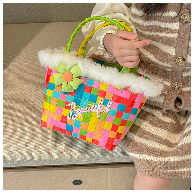 Стильная детская вязаная сумка-рюкзак с цветным крючком для девочек, цветы, красный, синий