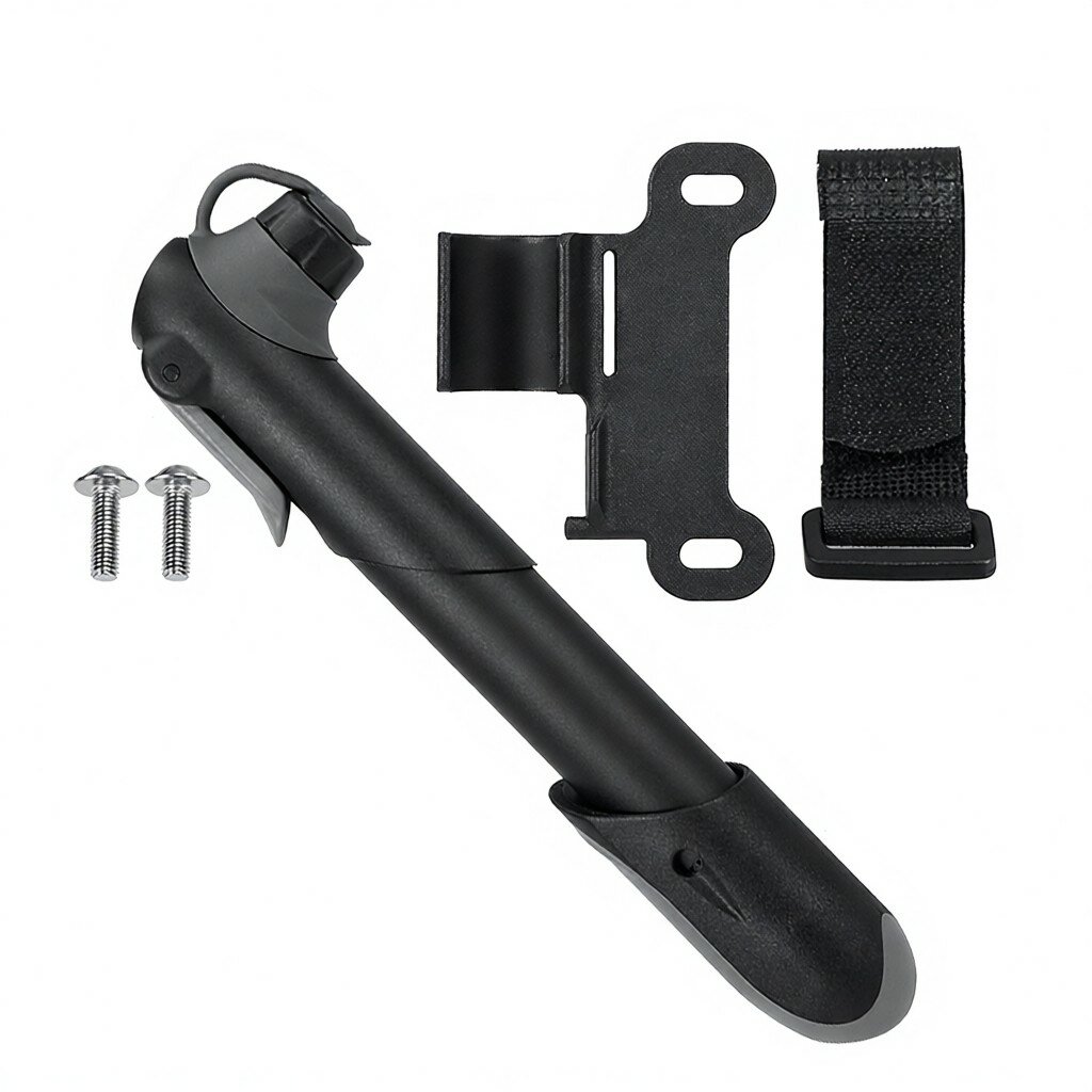 Мини-насос для велосипеда 120 PSI высокого давления, совместимый с клапанами Presta и Schrader, длина 18.5-28 см, материал пластик и металл, вес упаковки approx. 135 г, в комплект входят насос, монтажная пластина, 2 винта, ремень для фиксации