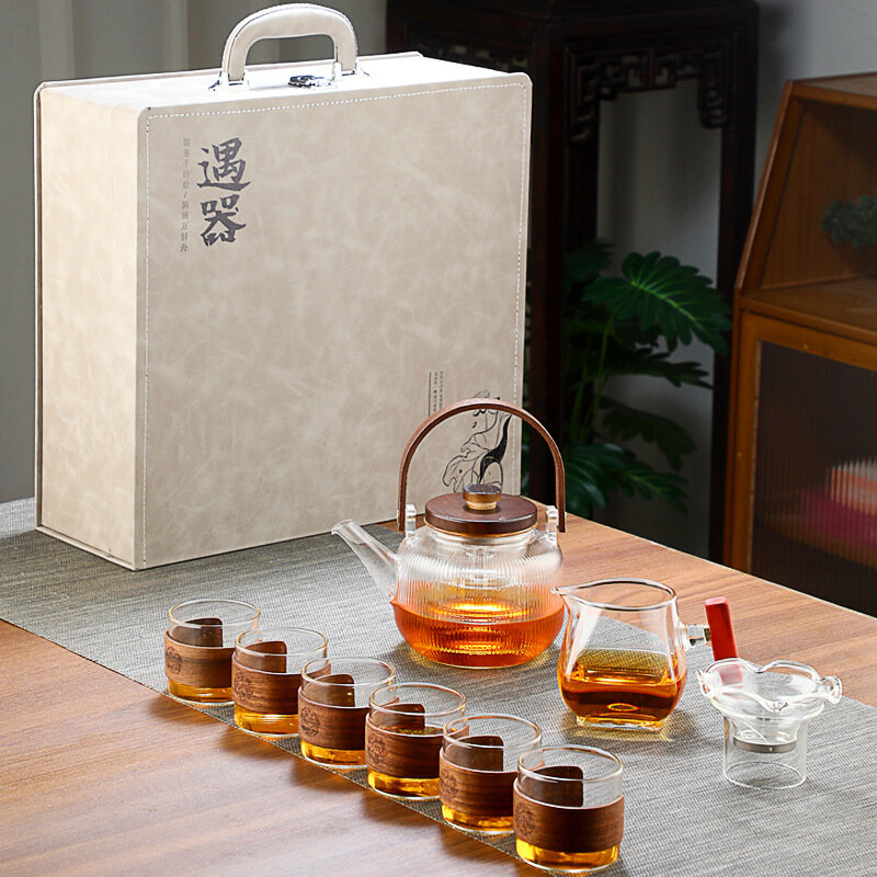 Новый чайник из орехового дерева с интегрированной ручкой для варки и кипячения, популярный на интернете, стеклянный чайник, термостойкий чайник для высоких температур, оптовая продажа