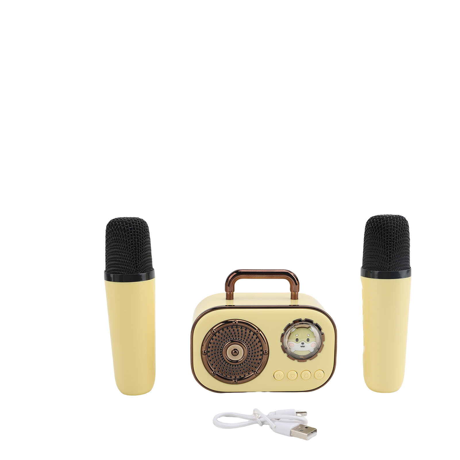 Детский караоке-набор с портативной Bluetooth-колонкой и 2 беспроводными микрофонами для домашнего пения, кремово-желтого цвета.