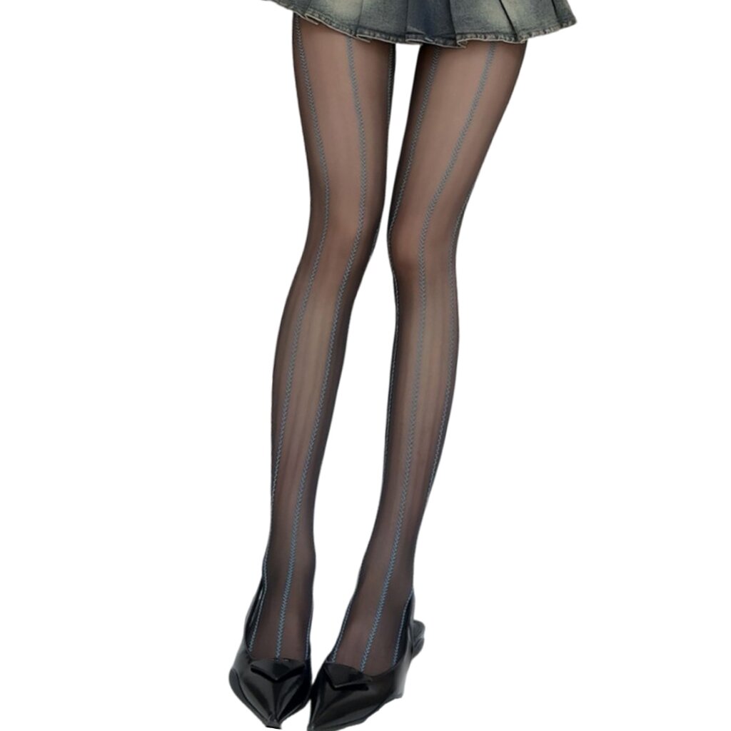 Синие Колготки hot Girl в вертикальную полоску с пшеничными колосками-Черный