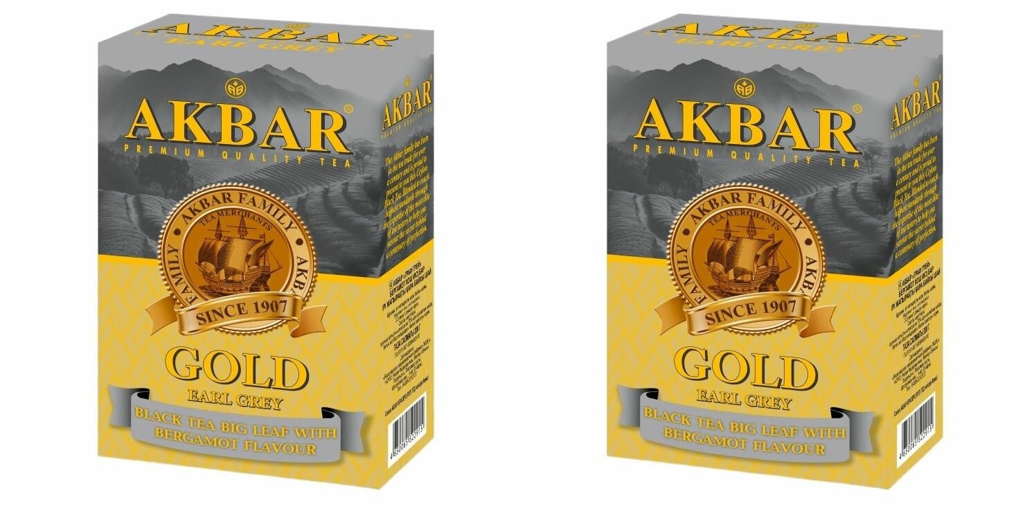 Akbar Черный чай Gold Earl Grey, крупнолистовой с ароматом бергамота, 200 г, 2 уп