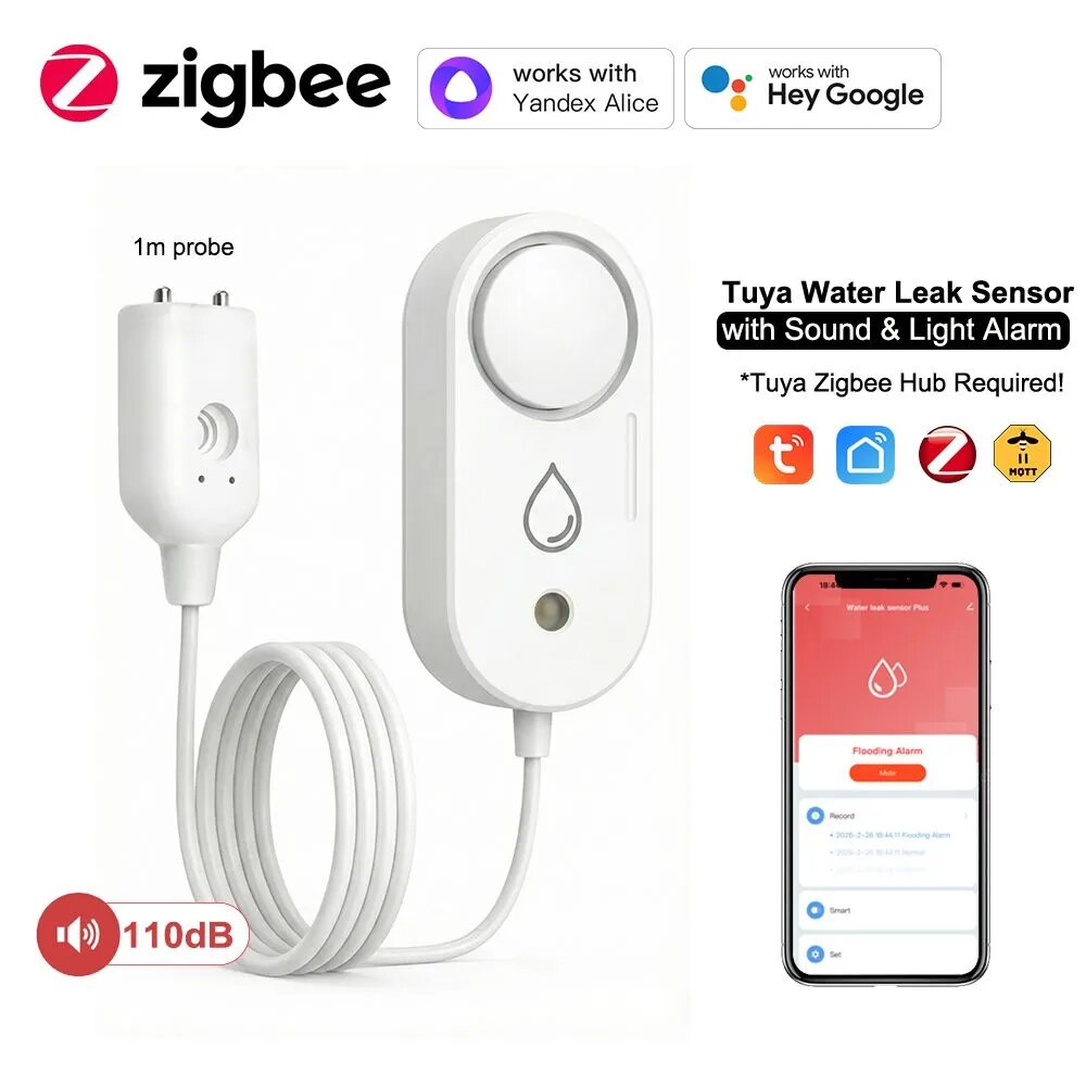Умный датчик протечки воды Zigbee с Алисой, smartlife
