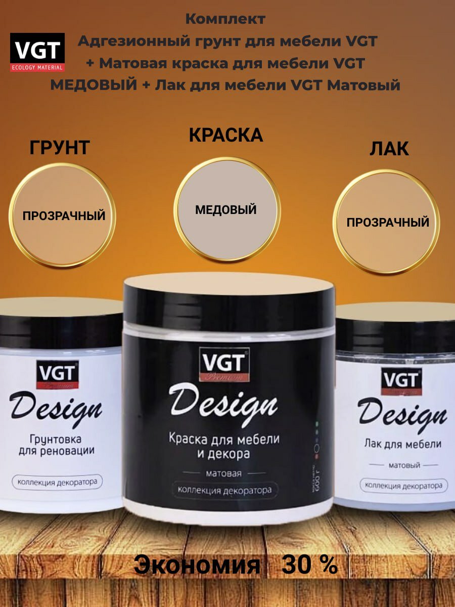 Комплект Адгезионный грунт для мебели VGT + Матовая краска для мебели VGT медовый + Лак для мебели VGT Матовый