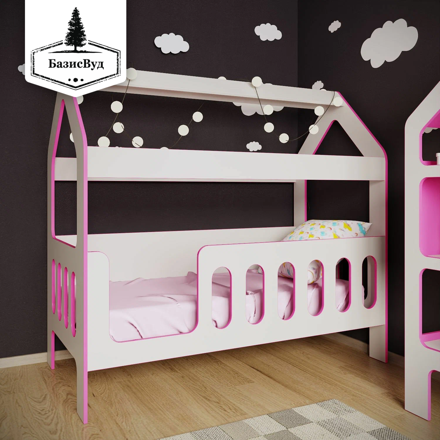 Кровать детская с бортиком под матрас 140х70, кровать-домик, БазисВуд "Классик", цвет розовый