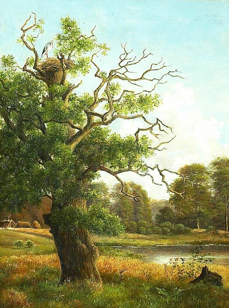 Картина Карла Фредерика Огора Аист в своем гнезде на старом дубе у озера 45х60 см