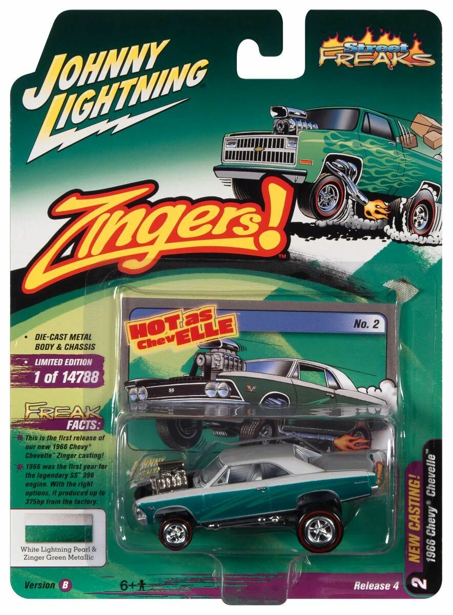 Johnny Lightning 1966 Chevrolet Chevelle (Zinger) Pearl White & Metallic Green (серия Street Freaks, JLSP208B) - коллекционная машинка