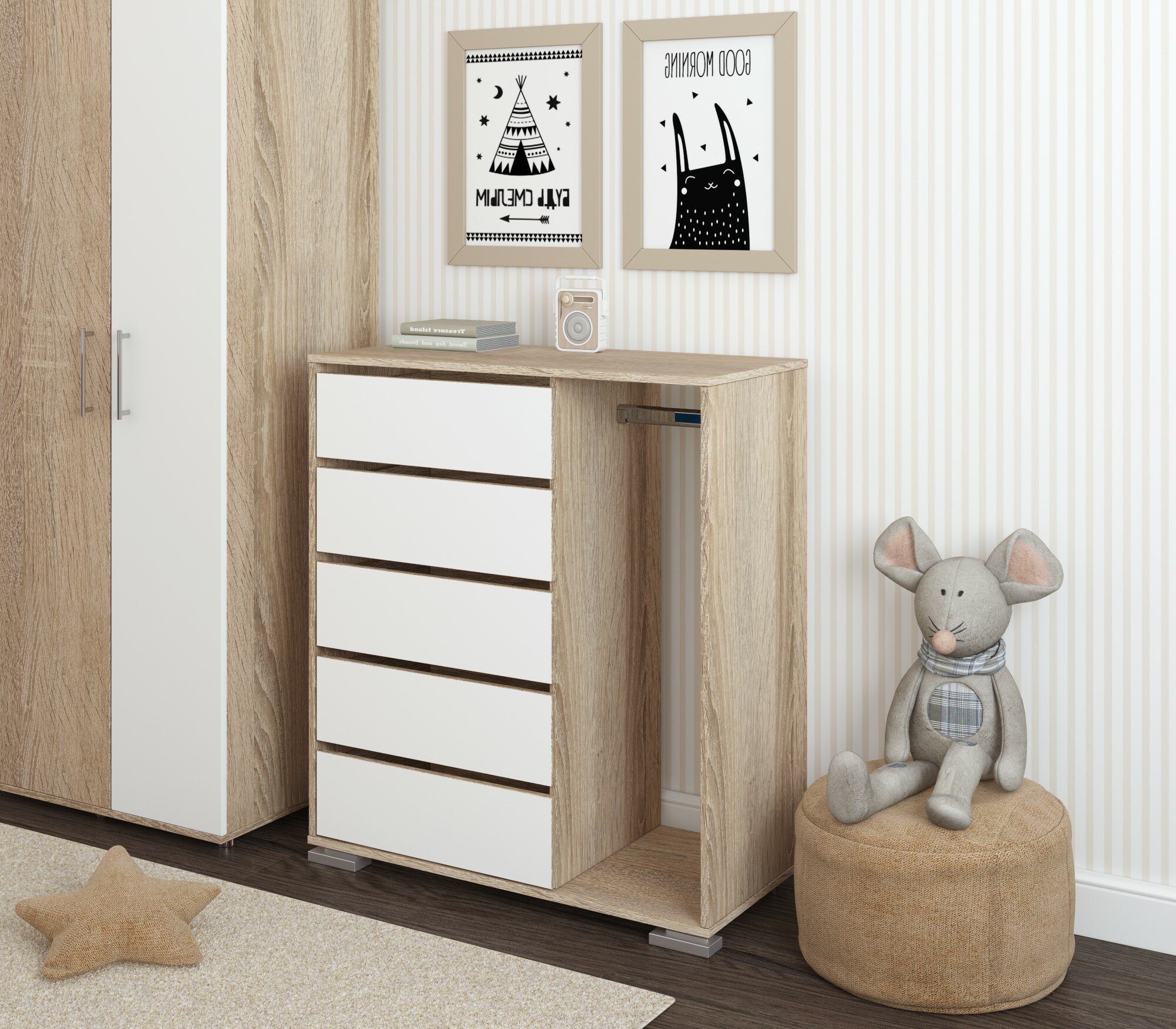 Шкаф, комод, шкаф-комод с ящиками, со штангой Есэндвич Лаворо, 90x43х102 см, левый (Дуб сонома/Белый)