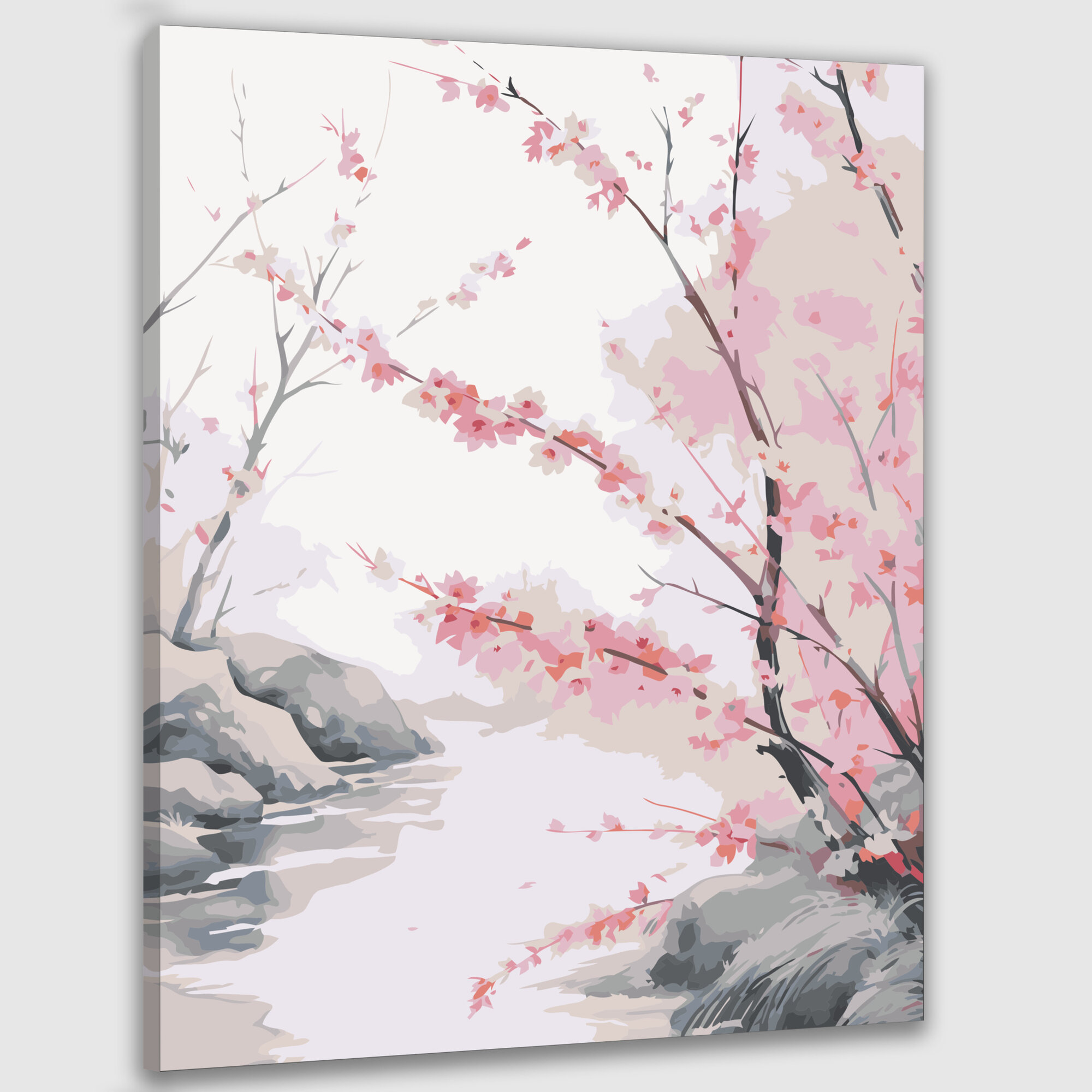 Картина по номерам 40x50 см, акварельная иллюстрация, сакура, бамбук, японский пейзаж, нежные штрихи, яркие цвета