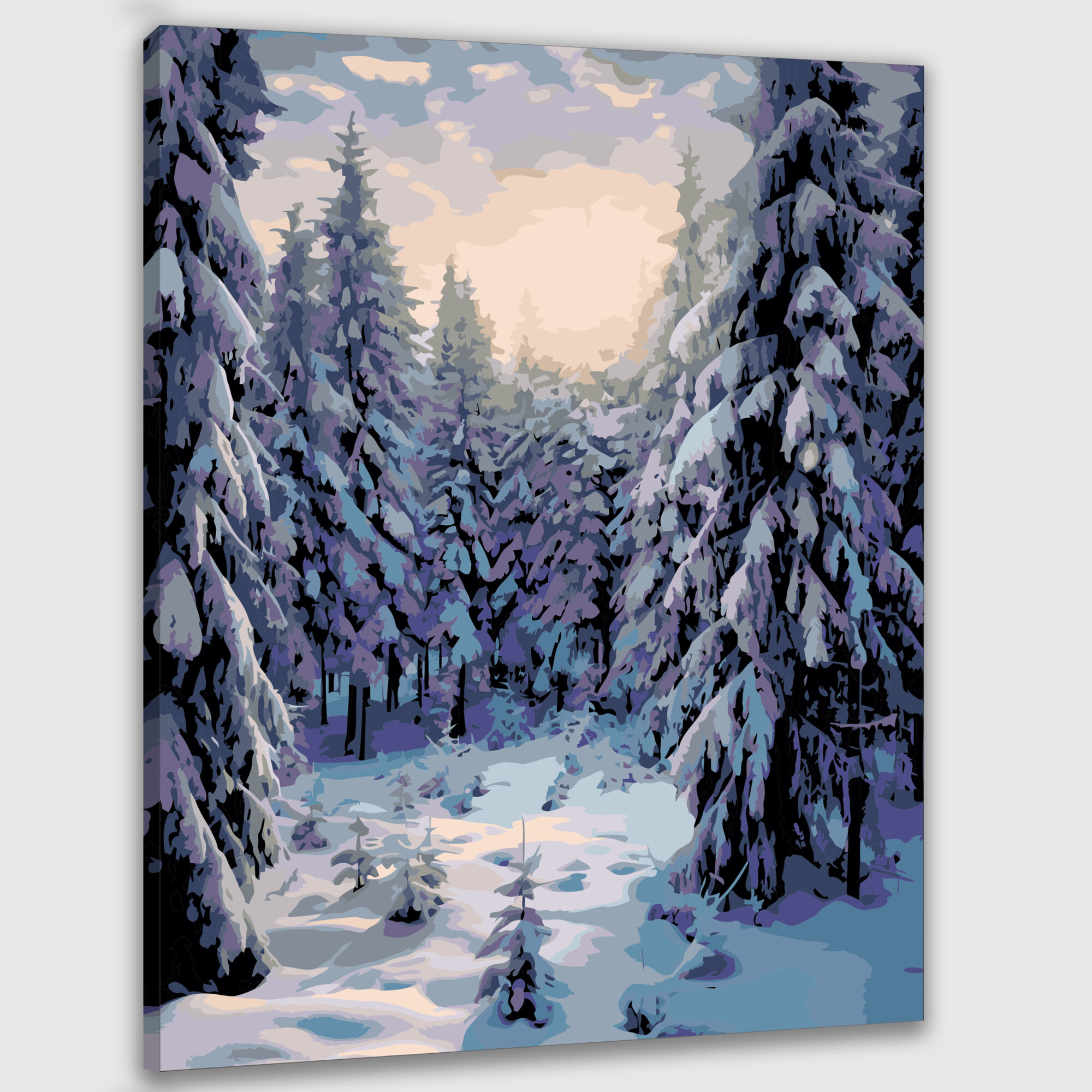 Картина по номерам 40x50 см, заснеженный лес, сумерки, лучи солнца, вечнозеленые деревья, нежные снежинки, чудо