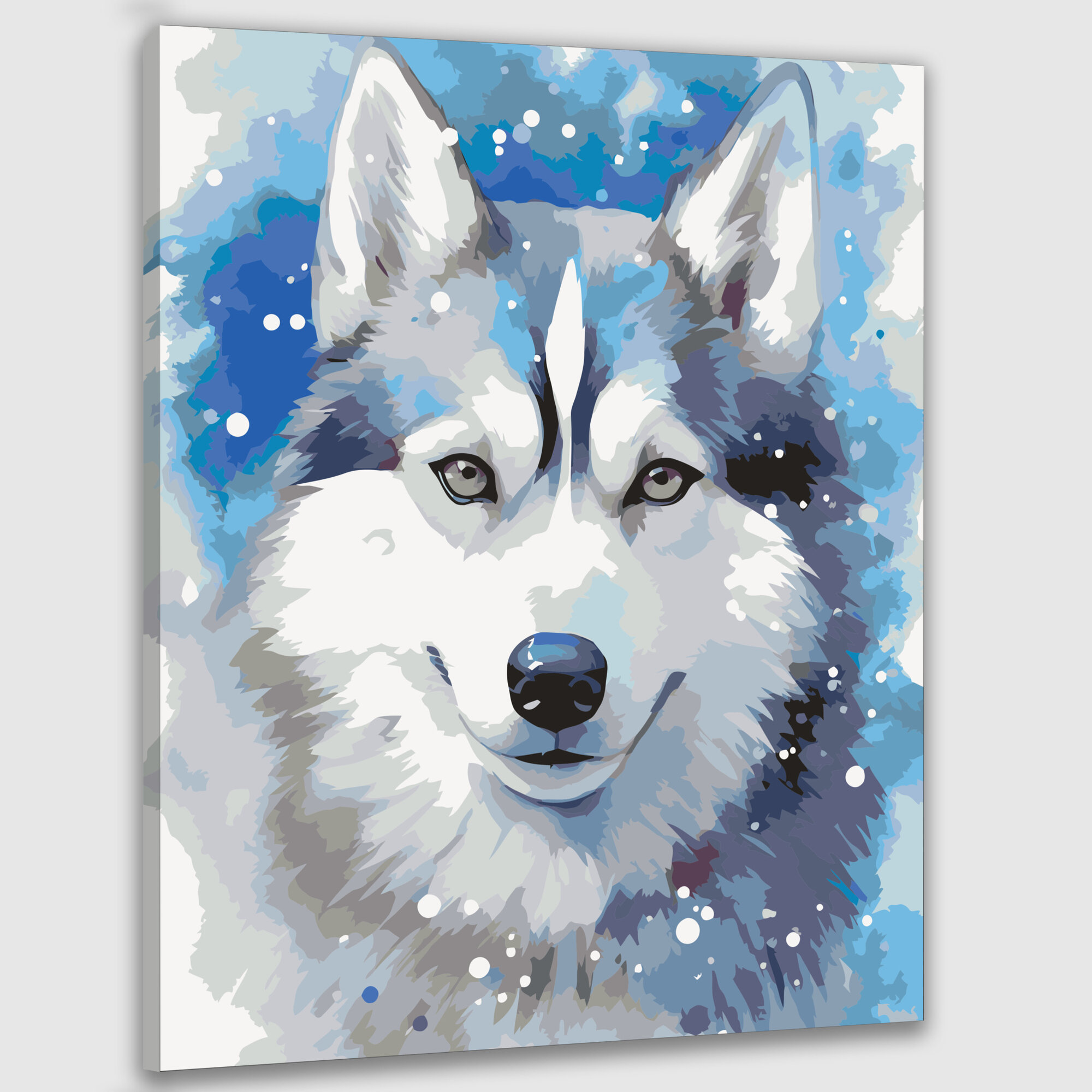 Картина по номерам 40x50 см, акварельный портрет, хаски, снежинки, яркие цвета, сказочная атмосфера