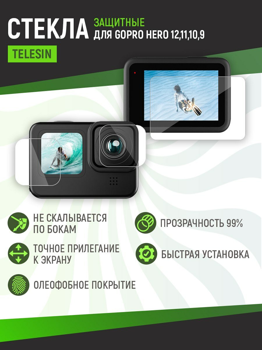 Защитное стекло Telesin для GoPro Hero 9/10/11/12, GP-FLM-901/ защита экрана и объектива