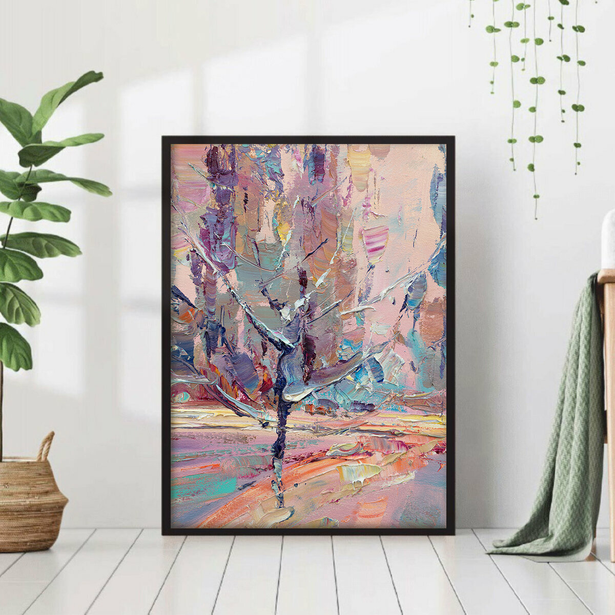 Постер "Дерево абстракция в розовых тонах" 50х70 в черной рамке для интерьера на стену