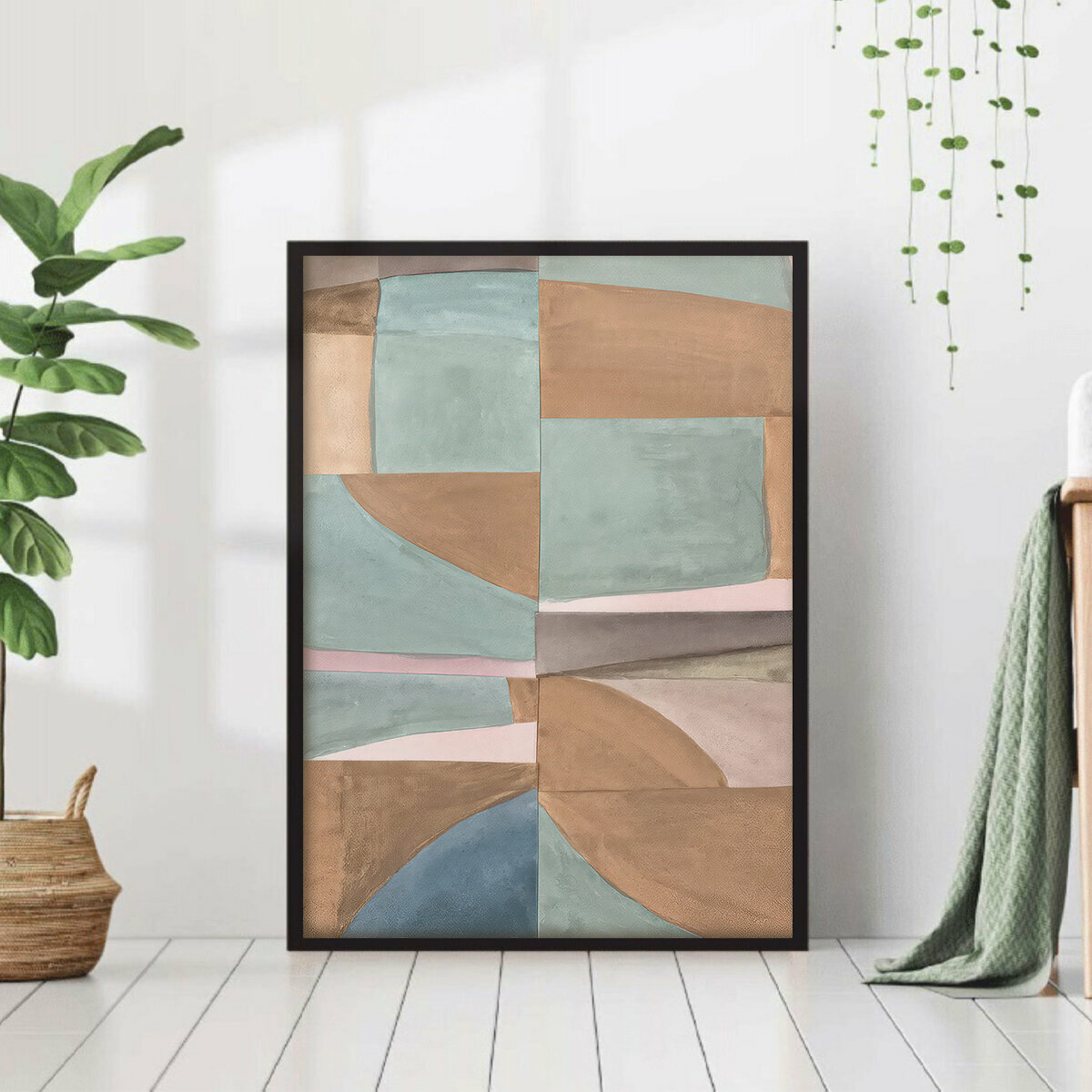 Постер "Абстракция голубой и коричневый репродукция" 50x70 в черной рамке для интерьера на стену