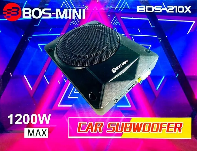 Сабвуфер автомобильный активный BOS MINI 1200W MAX динамик 10" (дюймов) 25 см, плоский со встроенным усилителем напольный под сидение автомобиля