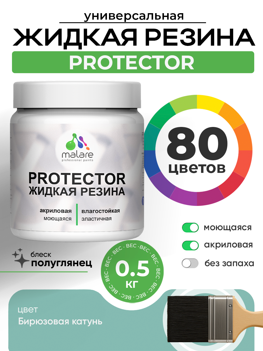 Жидкая резина Malare PROTECTOR, эластичная резиновая краска для внутренних и наружных работ, универсальная для дерева, бетона, металла, быстросохнущая, влагостойкая, полуглянцевая, бирюзовая катунь, 0.5 кг.