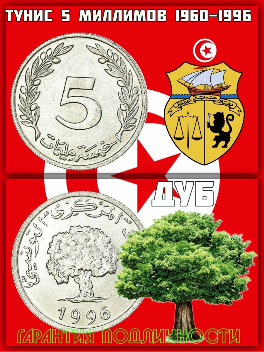 Тунис 5 миллимов, 1960-1996 Дуб XF