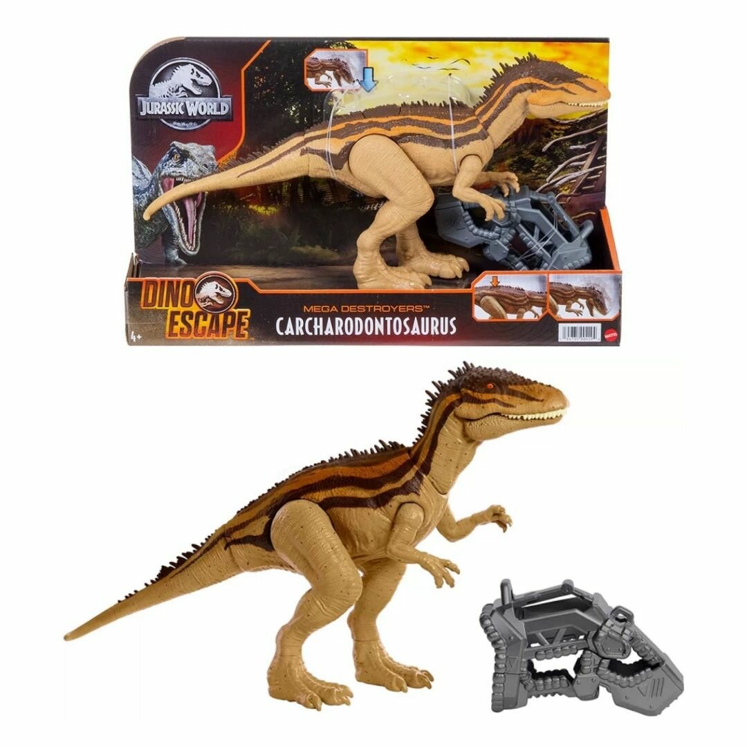Mattel Мир Юрского периода Мега Разрушители Кархародонтозавр, игрушечная фигурка динозавра с возможностью атаки и прорыва, HBX39