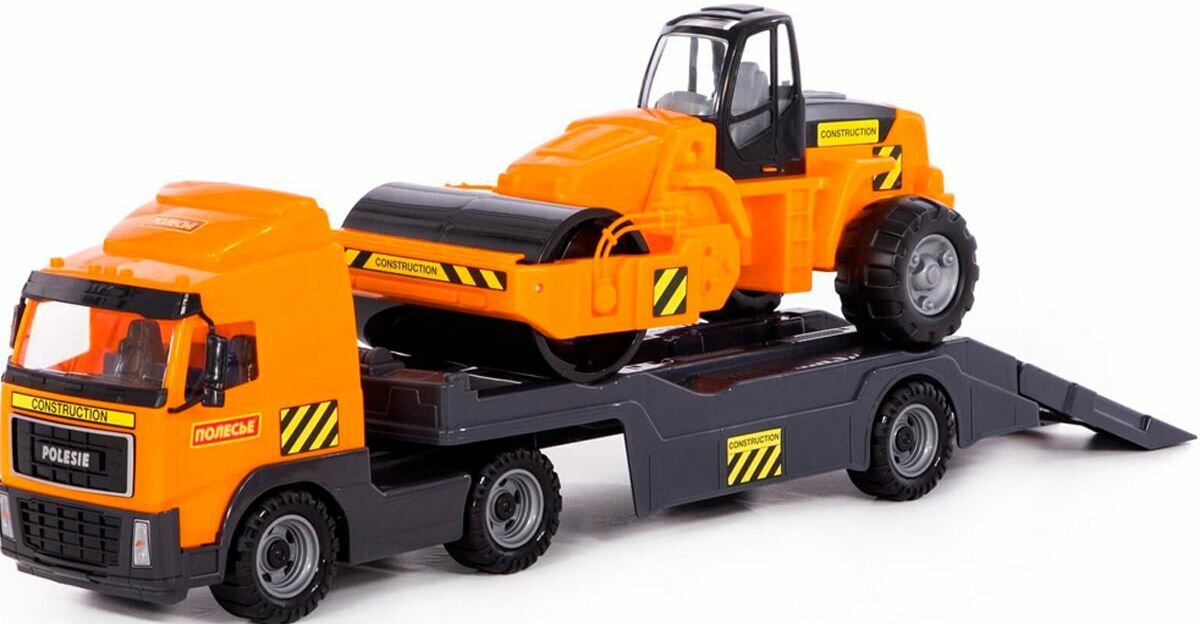 Пластиковая модель "Автомобиль Volvo Трейлер+дорожный каток" для детей, игрушечный транспорт, машинка детская, сюжетно-ролевая игрушка для игр в песочнице и дома