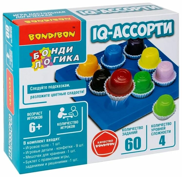 Детская логическая настольная игра "БондиЛогика. IQ-Ассорти" для детей, настолка на развитие логики и моторики, обучающий игровой набор, для 1 игрока, 60 заданий