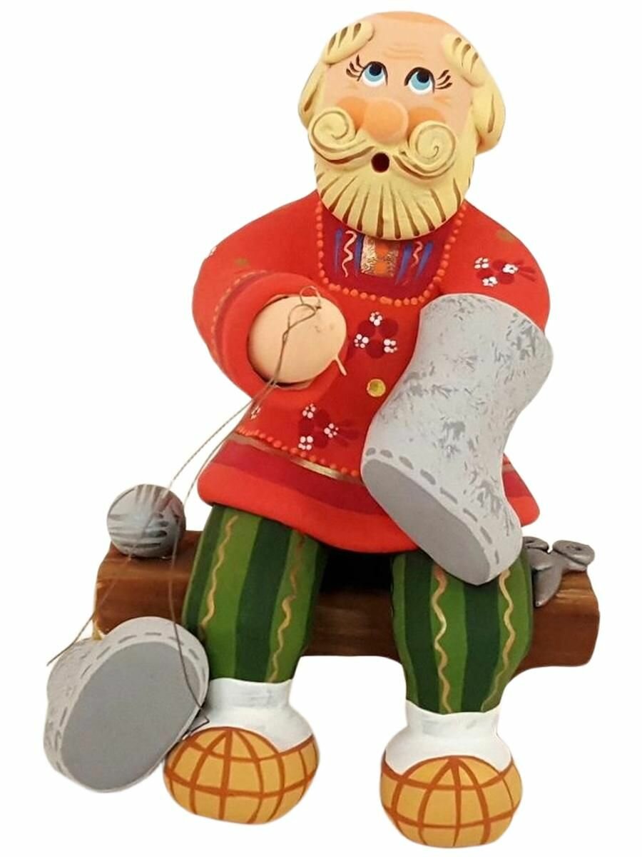 Скамейка, Дед подшивает валенки, Ковровская глиняная игрушка, ручная авторская работа