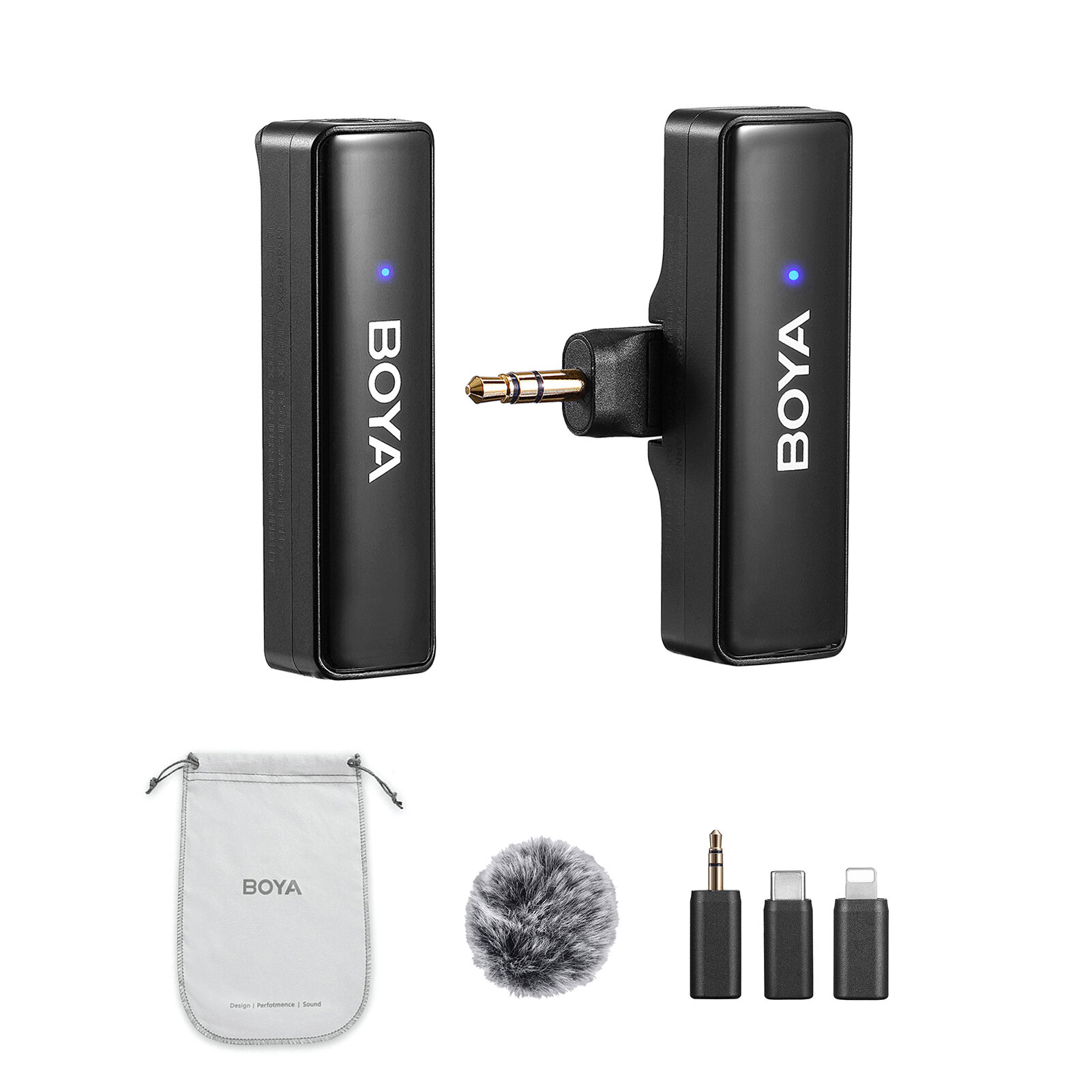 BOYA BOYALINK A1 2.4GHz Wireless Lavalier Microphone System Clip-on Microphone 100m Transmission Range Auto Sync Transmitter Receiver 3pcs Adapters 3.5mm TRS USB-C iOS Lightning MFi Certified 48kHz 16bit -42dB 85dB 3.7V 95mAh 120mAh 10h 6h 12g 15g
