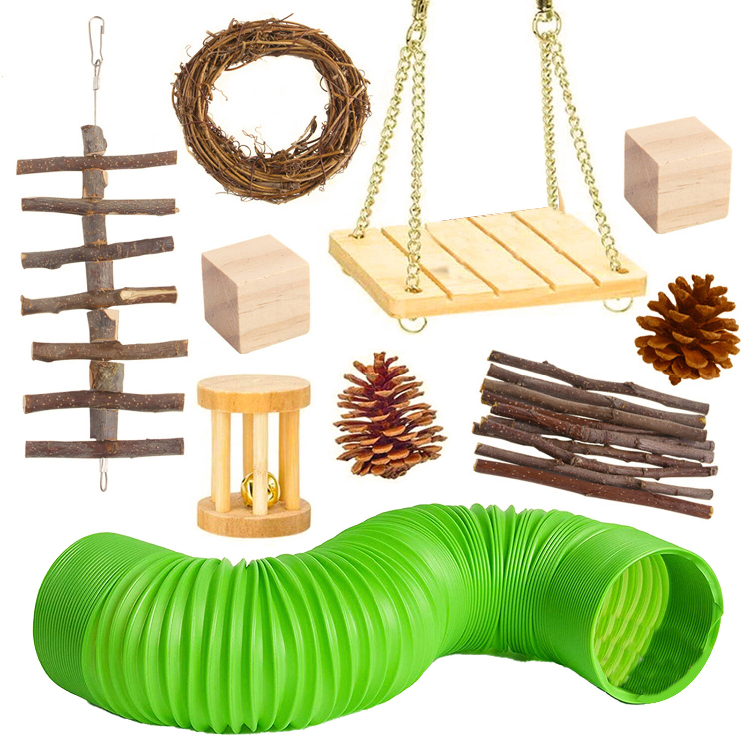 Игрушки для хомяков Наборы для грызания хомяков 10 шт Игрушки для активности мелких животных Игрушки для грызания шиншилл с туннелем и качелем Игрушки для ухода за зубами и шлифования для кроликов хомяков морских свинок Туннель размер 100*10см Качель