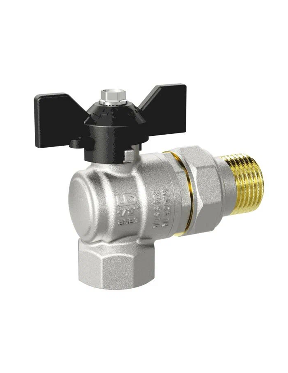 Кран шаровой латунь никель угловой Pride Ду 15 Ру40 ВР/"американка" бабочка черная LD 47.206.15