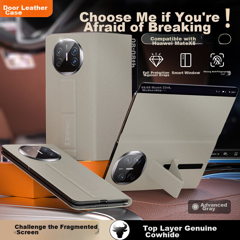 Pipi Jia [Wristband Drop-Resistant Model], Suitable for Huawei Mate X5 Phone Case, Premium Gray Genuine Leather Flip Cover, X5 Collector's Edition, Business Protective Case, Ultra-Thin Full Coverage, Smart View Window