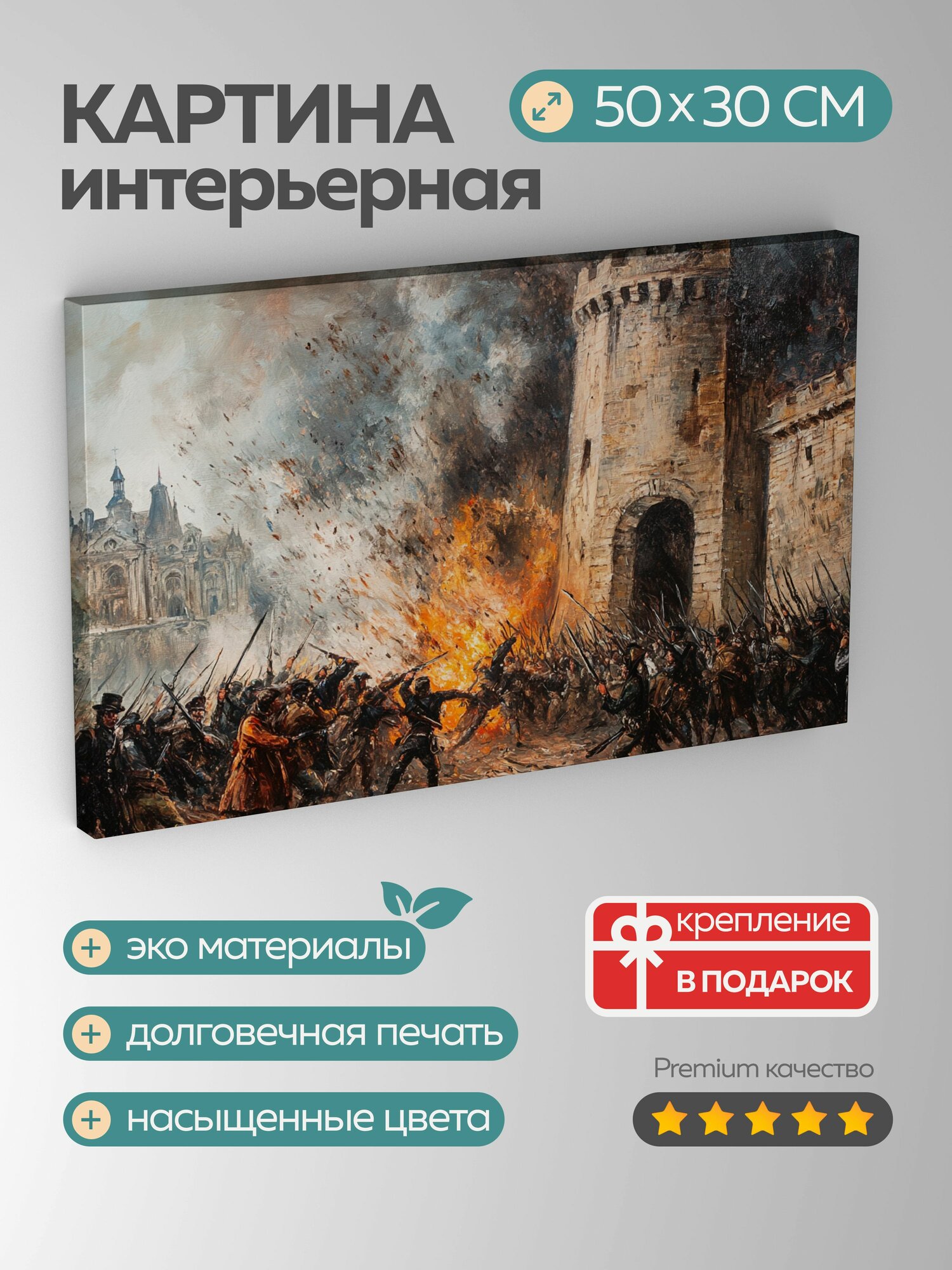 Картина на холсте интерьерная 50х30 см, Парижская революция, штурм Бастилии, драматичная картина, масляные краски