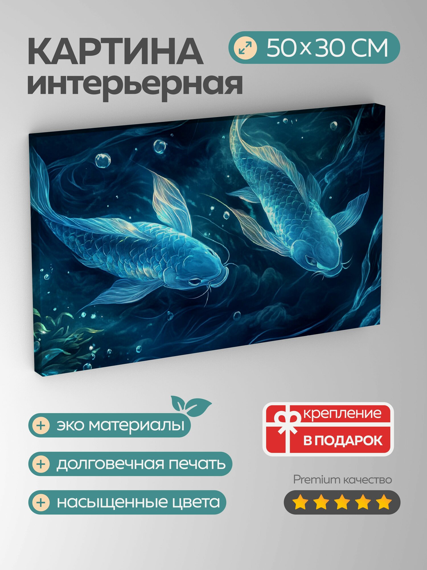 Картина на холсте интерьерная 50х30 см, Рыбы, знаки зодиака, небесное море, мерцающая чешуя, потоки воды