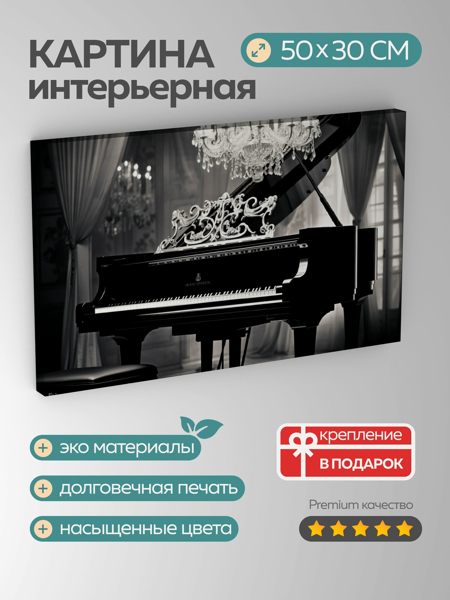 Картина на холсте интерьерная 50х30 см, черно-белая фотография, рояль, полированная поверхность, отражение, голова