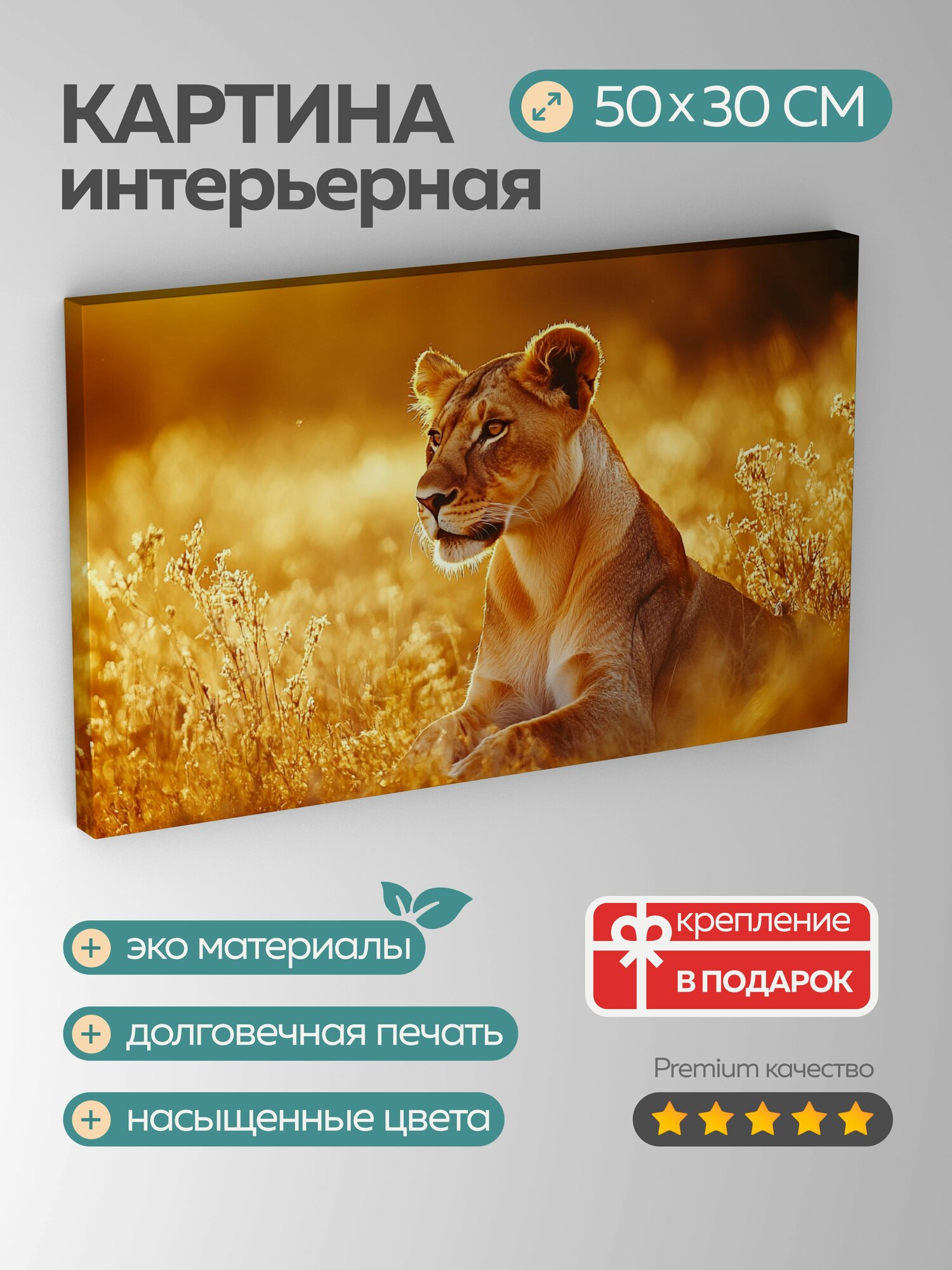 Картина на холсте интерьерная 50х30 см, Львица, естественная среда, золотистый свет, изящная фигура, мощная сила, f, 4