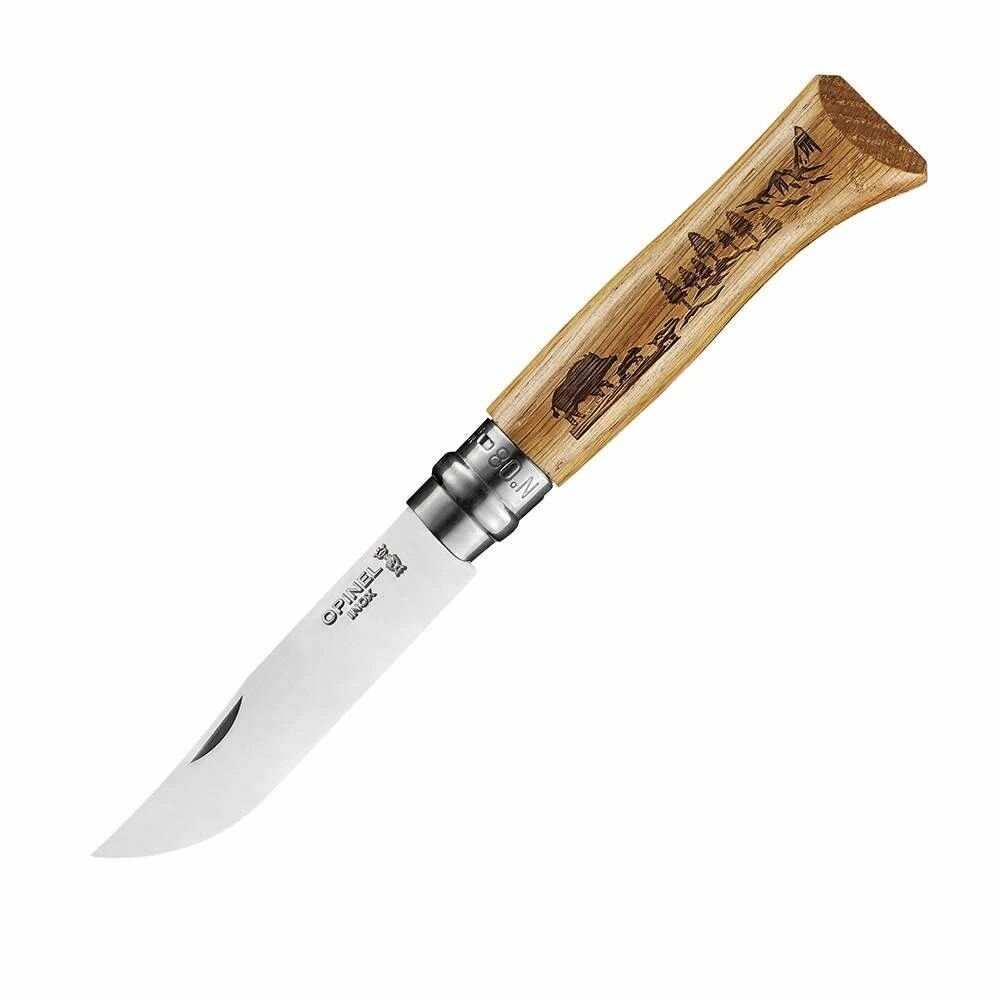 Нож Opinel №8, нержавеющая сталь, рукоять дуб, гравировка кабан. 002331