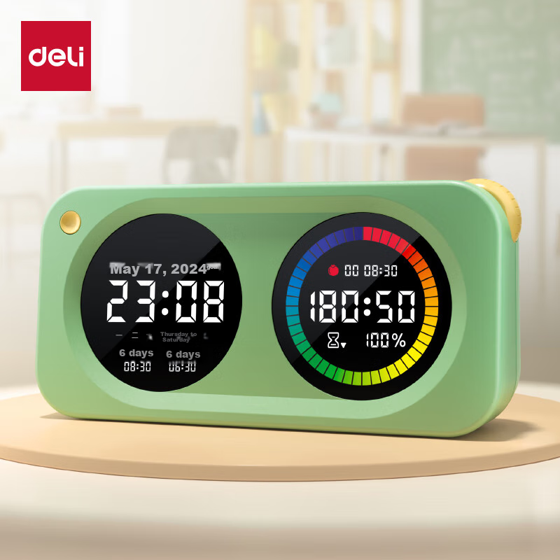 Deli Dual-Screen Visual Timer for Children And Students, Color Screen Time Management Device LE888DS, Green