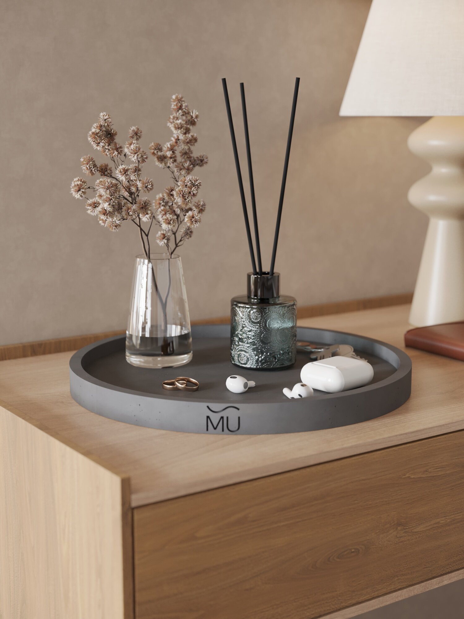 Декоративный круглый поднос, подставка для украшений, мелочей и косметики Lora XXL 30x30 см, бетон, темно-серый матовый