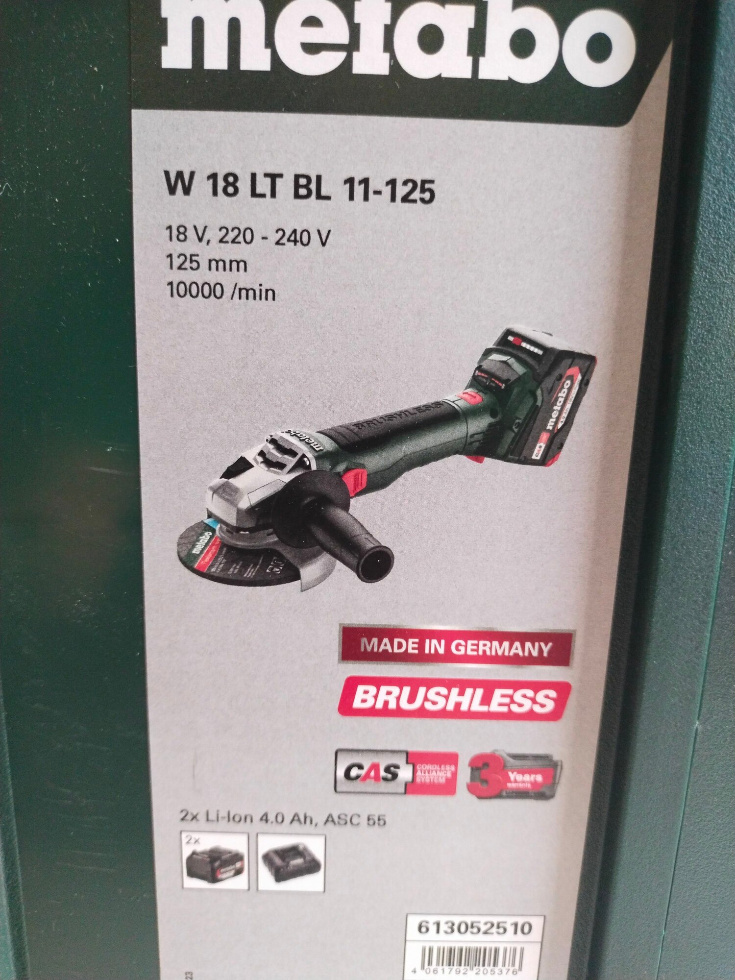 Аккумуляторная шлифмашина угловая (болгарка) безщеточная Metabo W 18 LT BL11-125, 613052510, Сделано в Германии