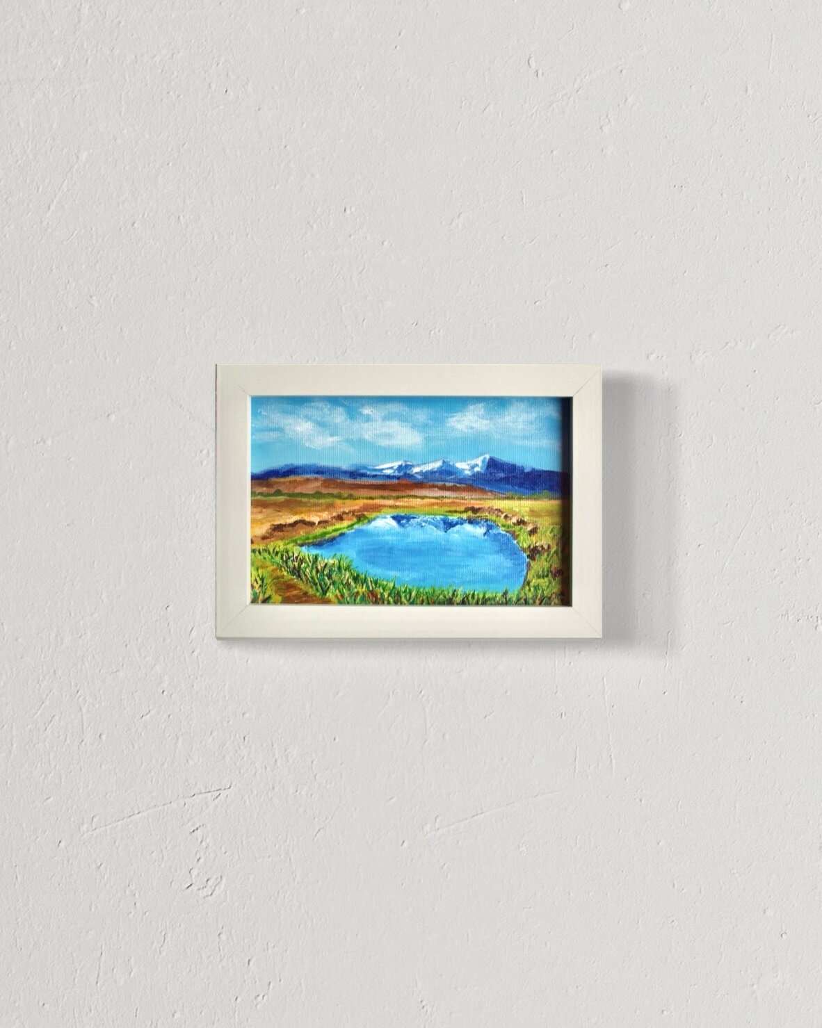 Миниатюра акрилом в светло-голубых тонах, оформлена в белую рамку, «Озеро», 12х17 см