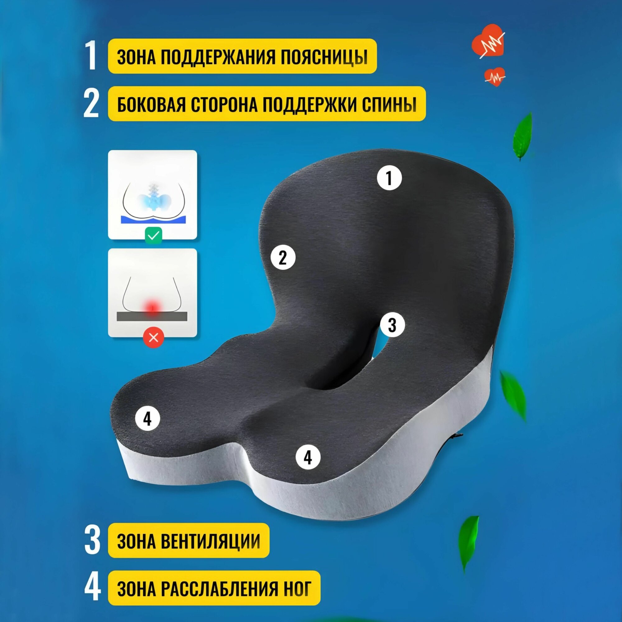 Ортопедическая подушка, Memory Foam, полиуретан, средняя поддержка, 38х41х29 см
