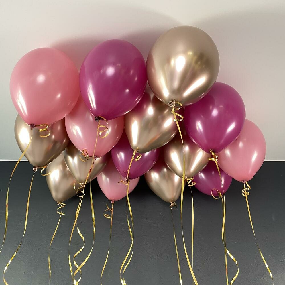 Набор шаров под потолок малиново - золотые, шары с гелием, шары на день рождения