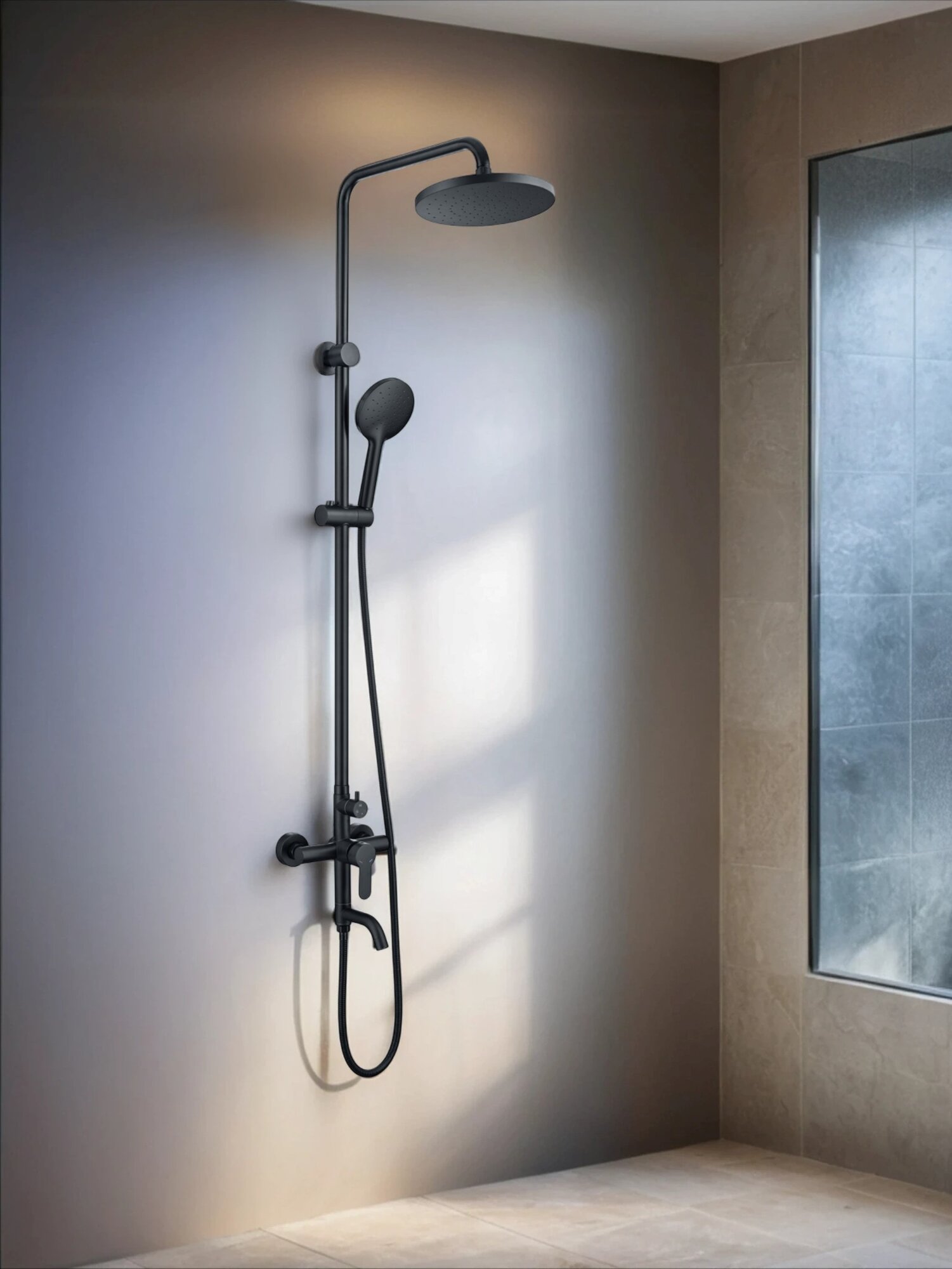 Душевая система со смесителем ST700B черная, поворотный излив