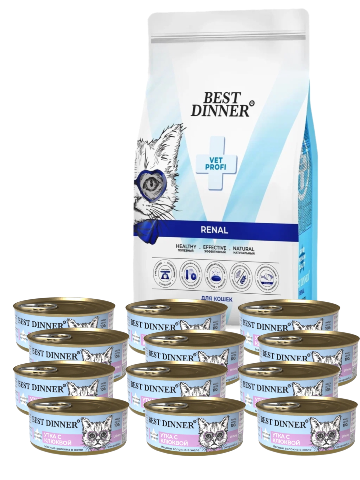 Набор Best Dinner Vet Profi Renal Сухой корм для кошек 1.5кг + Best Dinner Urinary Влажный корм для стерилизованных кошек, Утка и Клюква 12шт*100гр