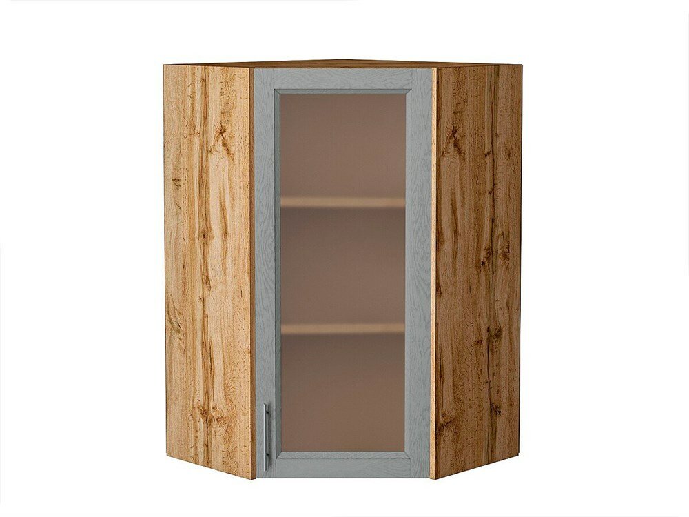 VVT Шкаф верхний угловой остекленный Сканди Дуб Вотан, Grey Softwood, 920 В*Ш*Г 920*600*600, фасад МДФ/Стекло Grey Softwood, корпус Дуб Вотан Grey Softwood