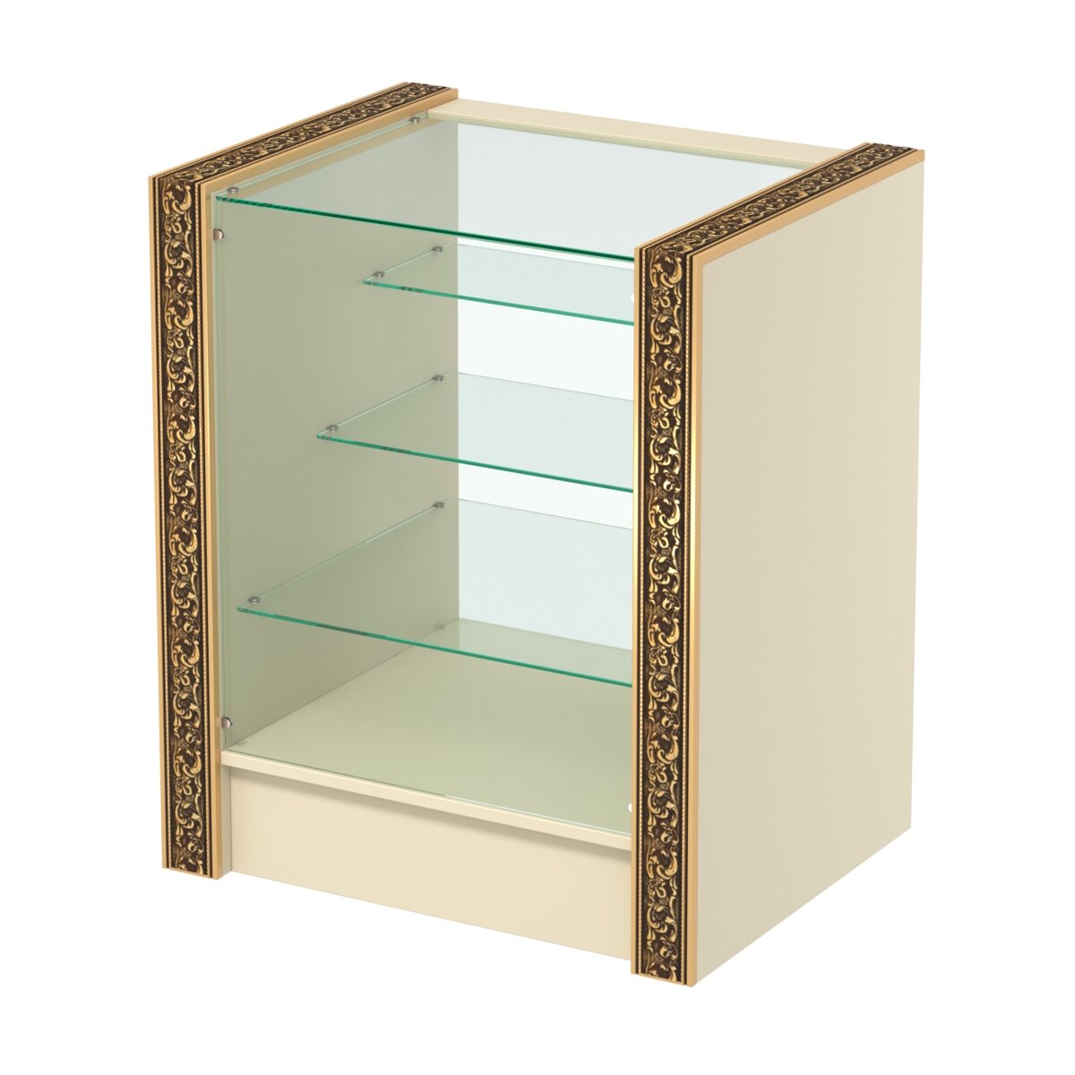 Недорогой прилавок с тремя полками лесенкой и декоративными молдингами №ПДМ-4-600, Крем Вайс