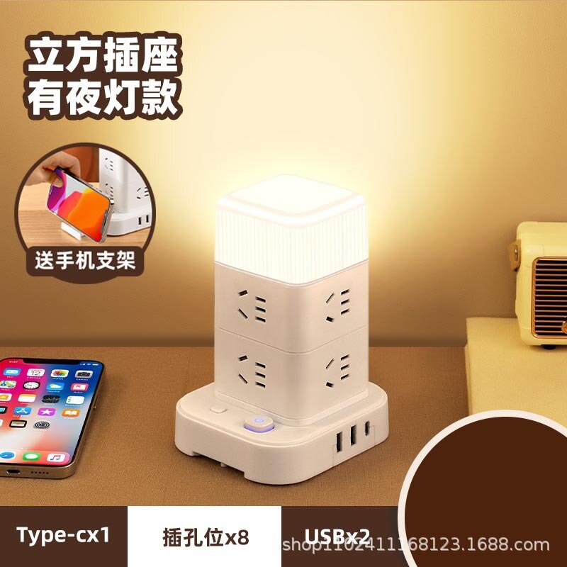 Вертикальный многорозеточный кубический блок питания из чистой меди с подсветкой и USB-портами для домашнего использования.