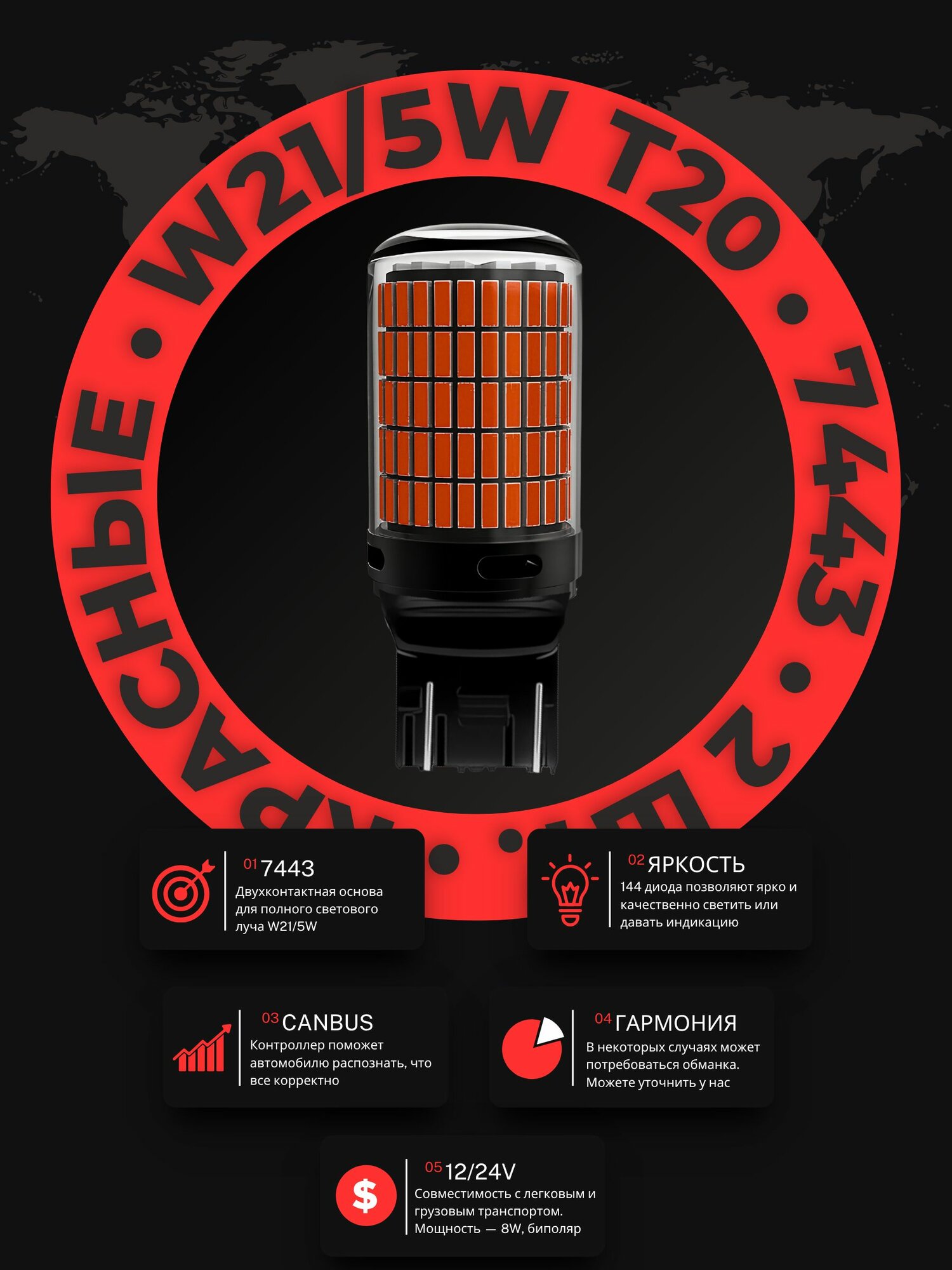 LED лампы W21/5W T20 красные для стоп-сигналов 2 шт.